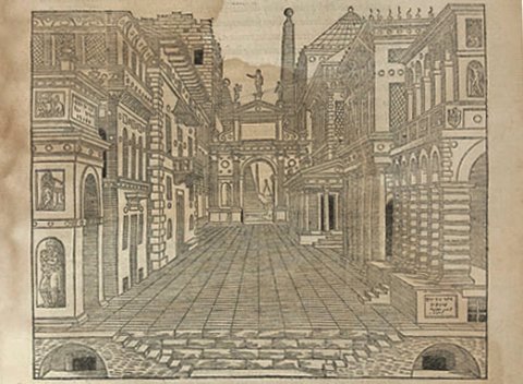 Scène tragique (Serlio, Le 2nd livre de perspective, trad J Martin ...